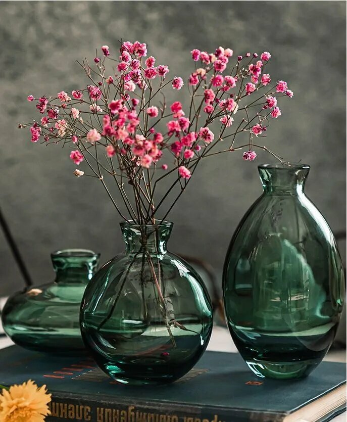 Ваза "ikea", стекло, рельефный рисунок, малахитовый цвет, 12см, комплект 3шт