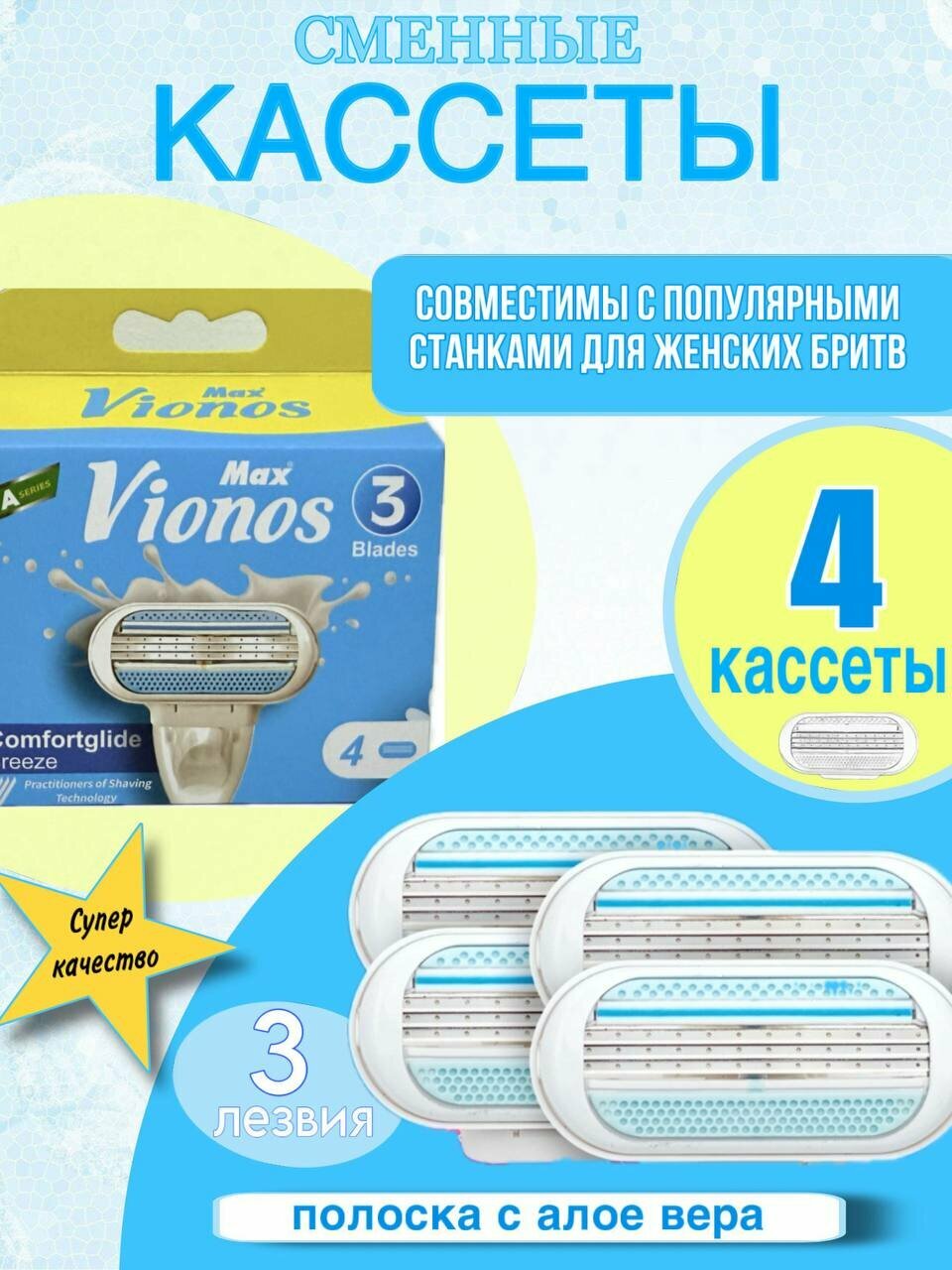 Сменные кассеты для женской бритвы голубые, совместимы с популярной бритвой винус