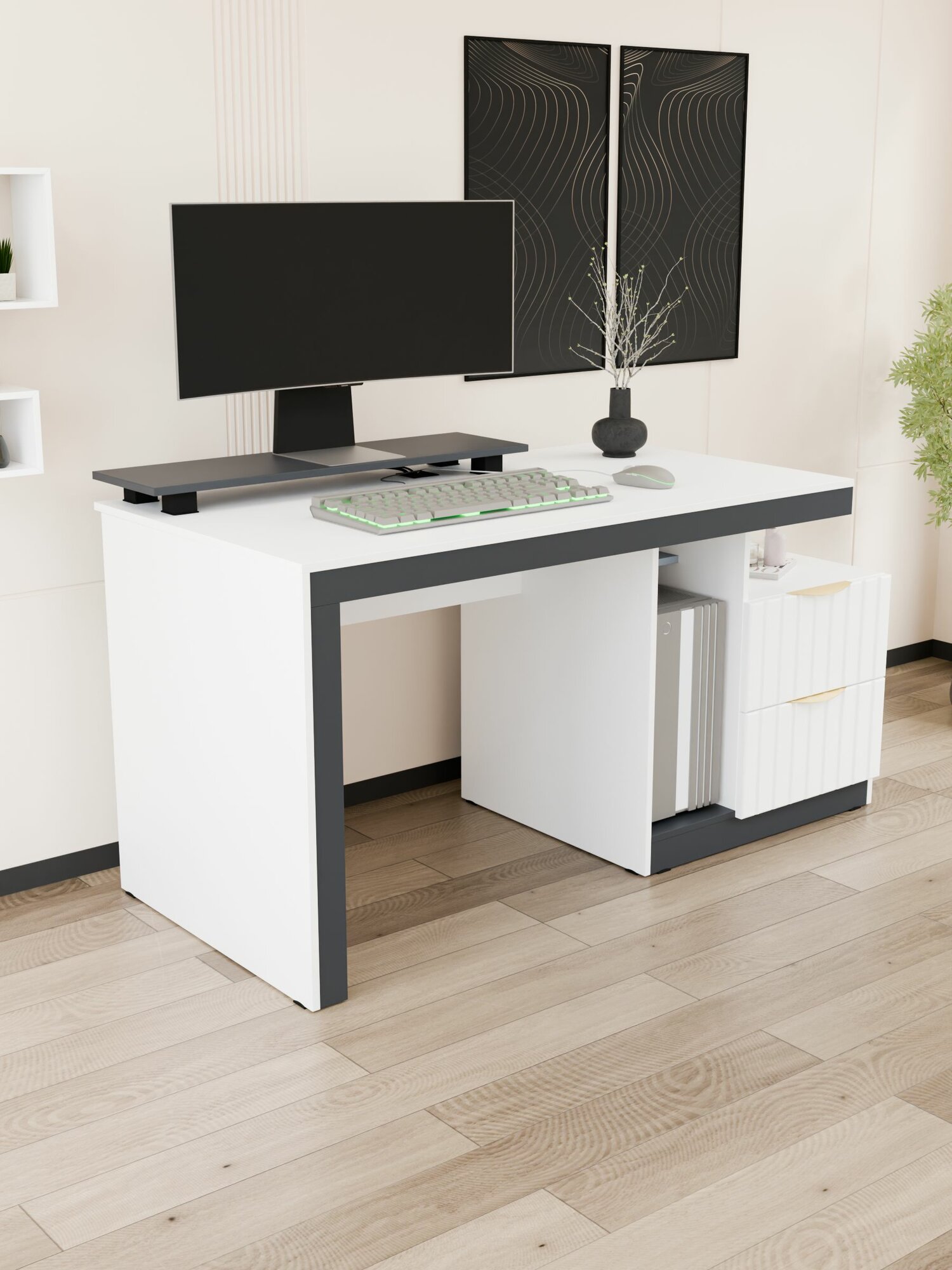 Изумлит Стол компьютерный для офиса и дома Вертикаль 161.5х80х74.5 см, белый/графит/белый матовый