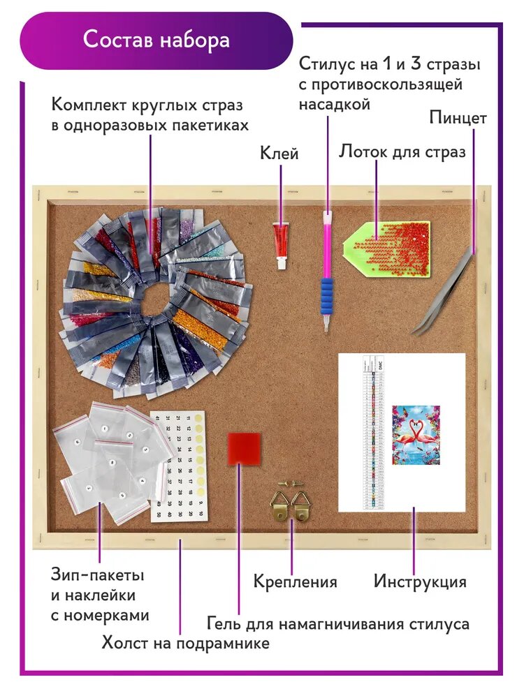 Алмазная мозаика Emblem 40x50 см с изображением фламинго и бабочек, полная выкладка на подрамнике — фото 1