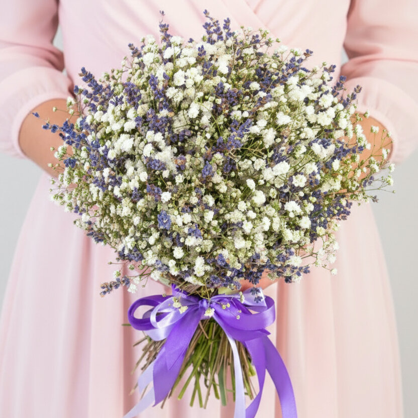 Дуо-букет "Мартовский Снег", гипсофила и лаванда, сборка под ленту