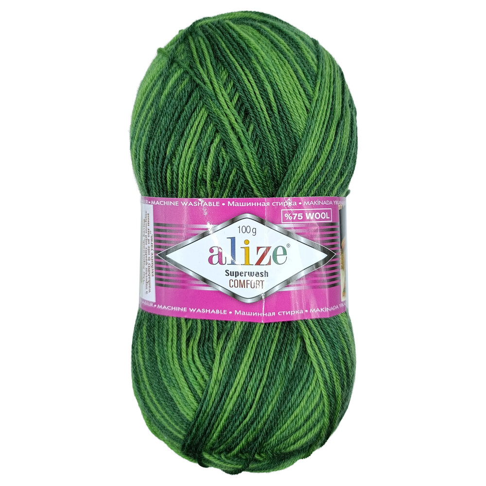 Пряжа для вязания Alize Superwash comfort 8034 зеленый меланж 100 гр/420 м 75% шерсть, 25% полиамид