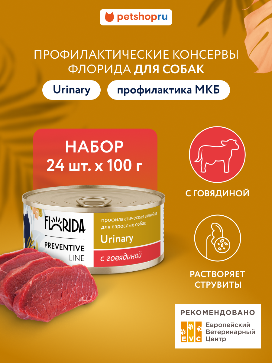 Florida Набор, Urinary, профилактический влажный корм для собак для профилактики образования мочевых камней, говядина, 24 шт по 100 г