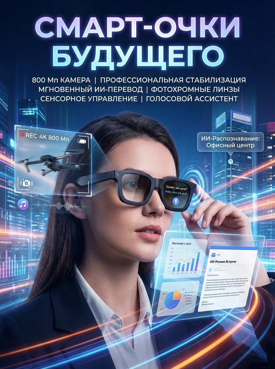 Умные блютус очки с AI-переводом в реальном времени, защитой от синего света и Bluetooth-гарнитурой,