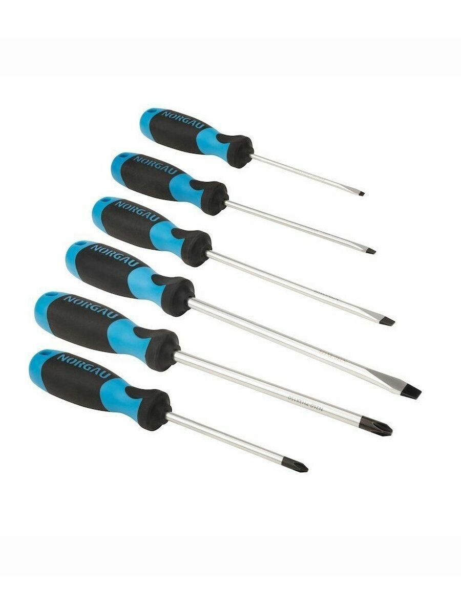 Набор отверток NORGAU Industrial со специальной патентованной рукояткой и намагниченным наконечником, SL, PH, PZ - 6 шт, CrV.
