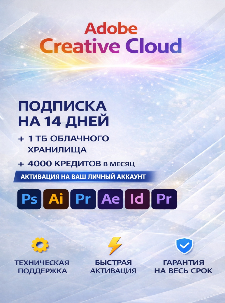 Adobe Creative Cloud Подписка на 14 Дней, Все приложения + 1 ТБ Хранилища