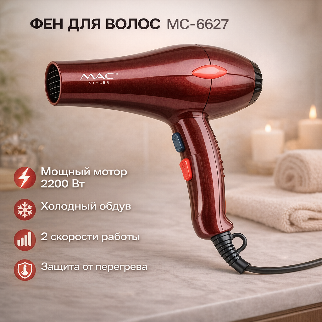 Фен для волос MAC Styler MC-6627 2200 Вт с холодным воздухом | ProgTech
