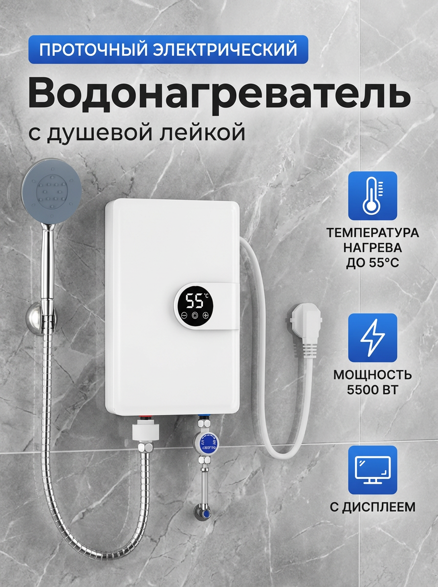 Электрический проточный водонагреватель для дома и дачи мощностью 3500-5500 Вт
