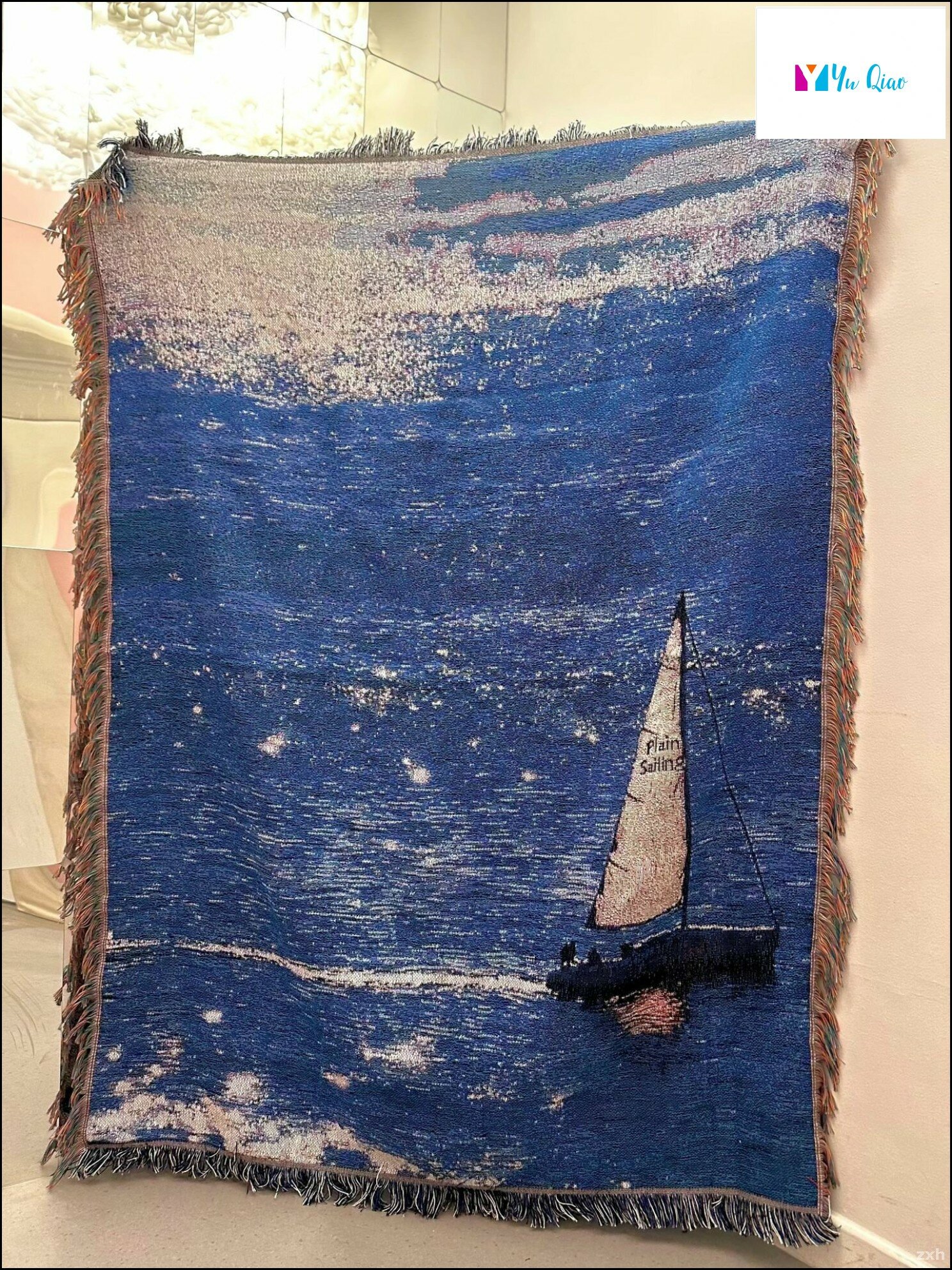 Плед "Smooth Sailing", гобелен, жаккард, 130x160см, синий, вязаный, с вышивкой