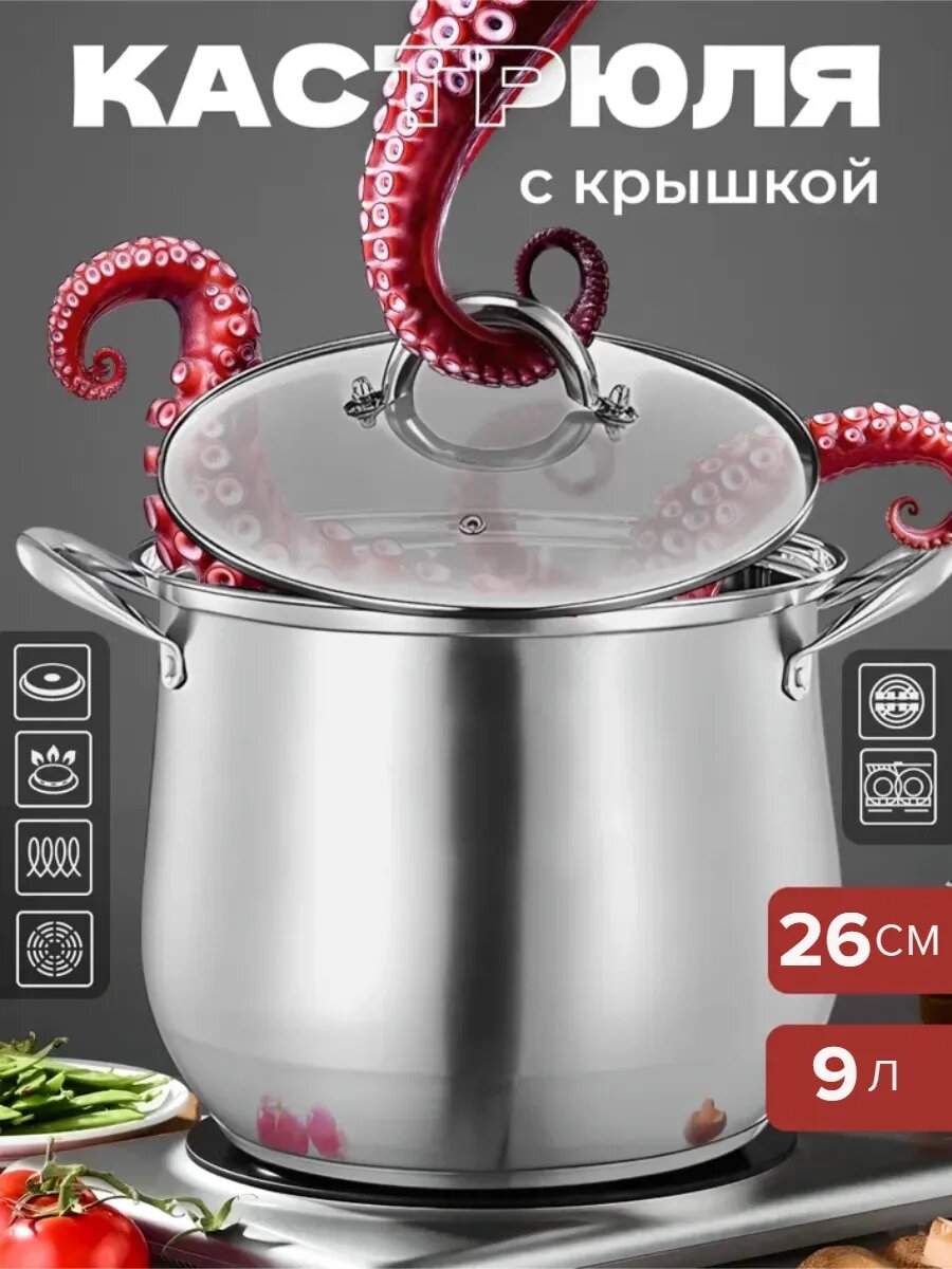 Кастрюля с крышкой глубокая из нержавеющей стали