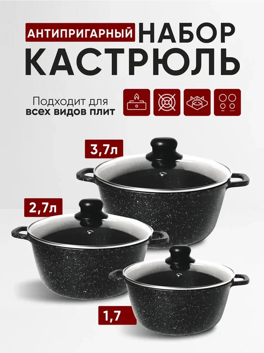 Набор кастрюль с крышками антипригарные с толстым дном