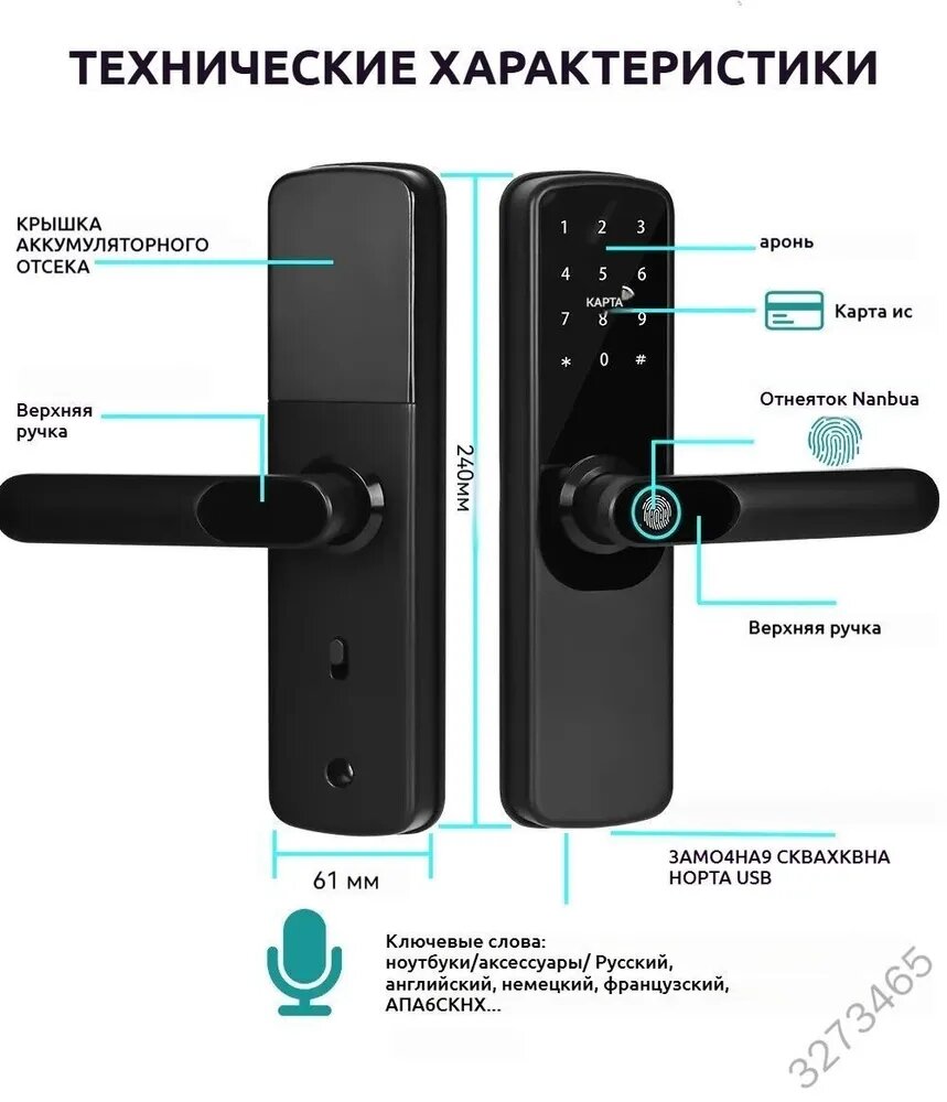 Умный дверной замок Tuya с Wi-Fi, черный, сталь, с датчиком положения двери, кнопкой аварийного открывания — фото 1