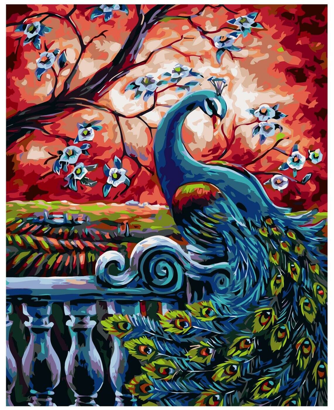 Картина по номерам, 40 x 50, A462, павлин, перья, балкон, природа, дерево, цветы, весна