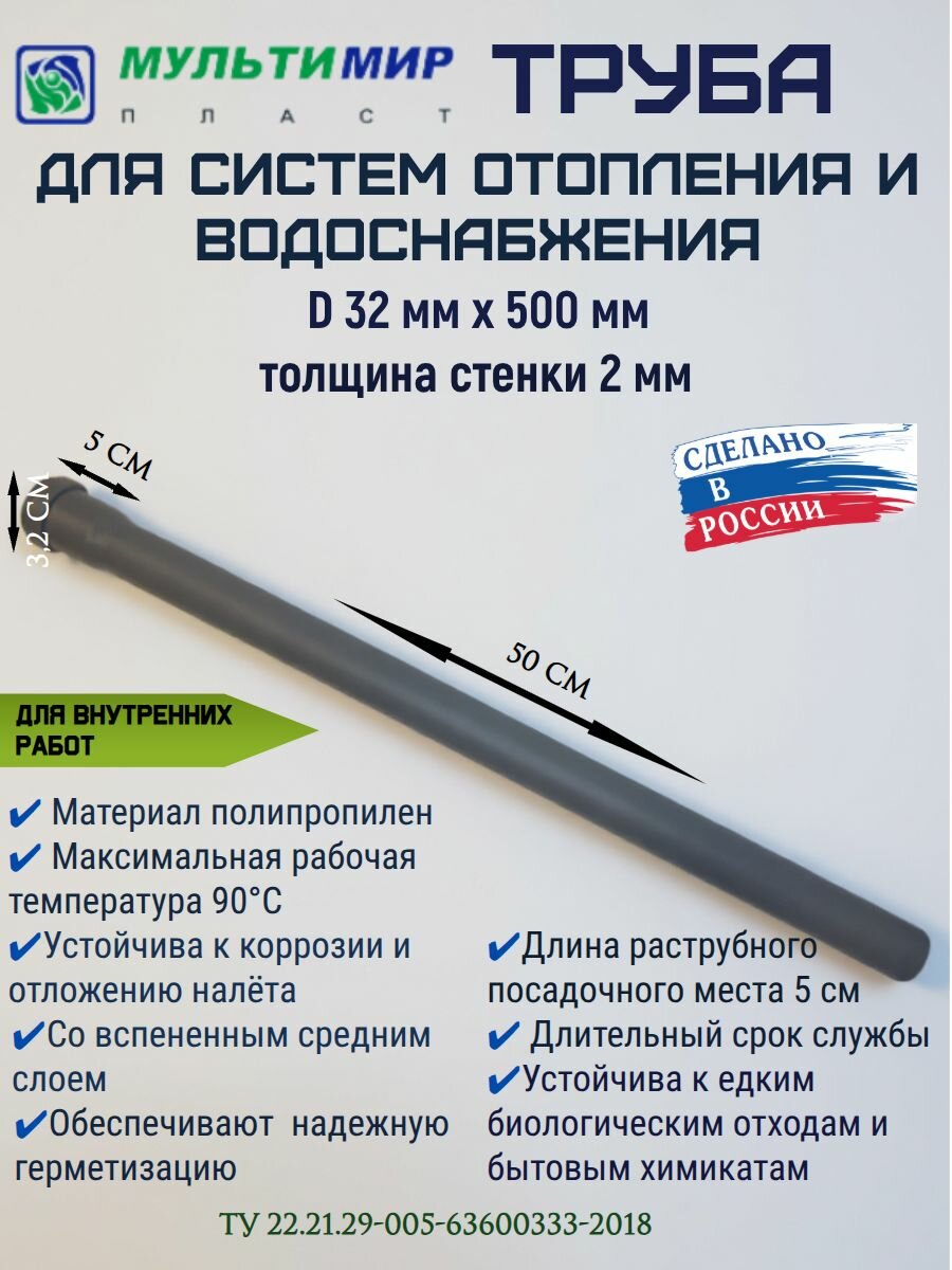 Труба ПП 32 мм х 500 мм для систем отопления и водоснабжения МультимирПласт
