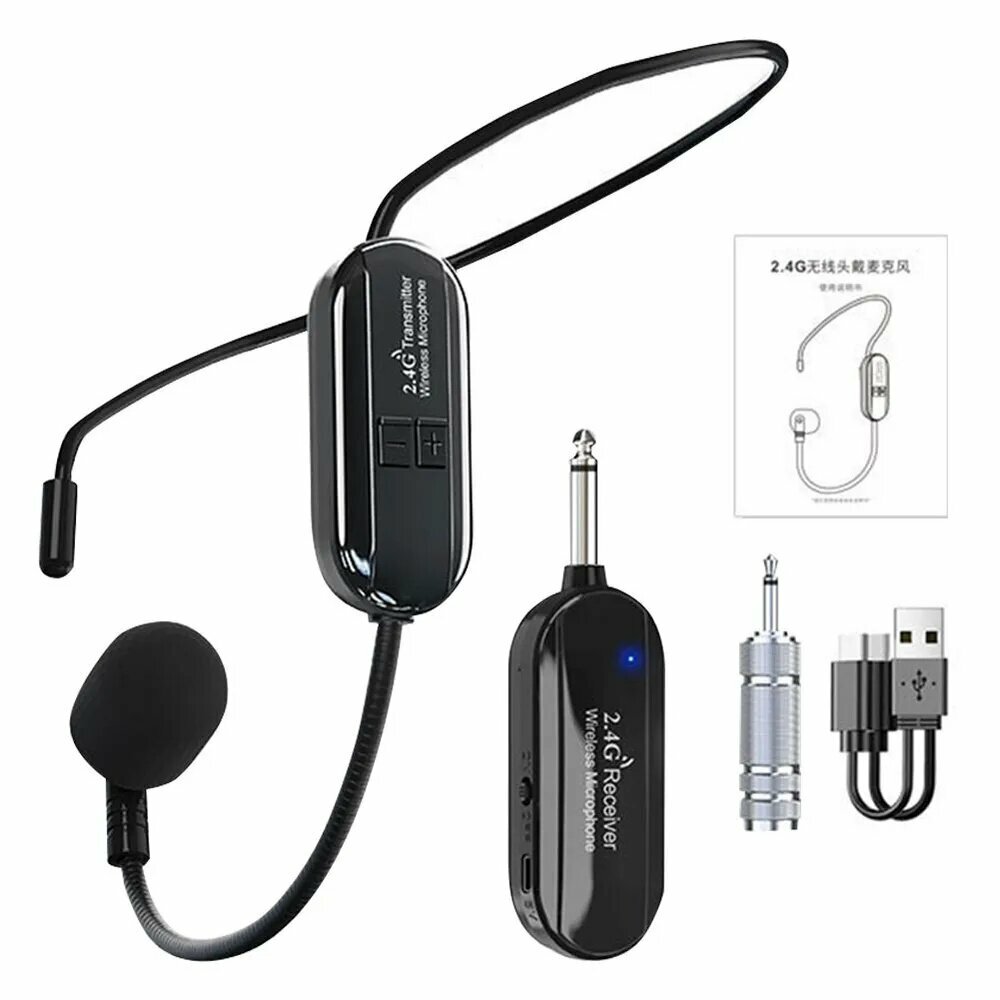Вокальная радиосистема для живого вокала Микрофон беспроводной гарнитуры 2.4G, один для двух пчелок, громкоговоритель для гарнитуры, черный