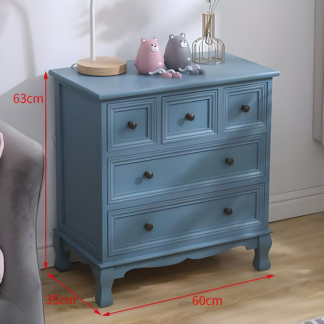 Комод, массив дерева, 5 ящиков, цвет синий, 60 см x 35 см x 63 см