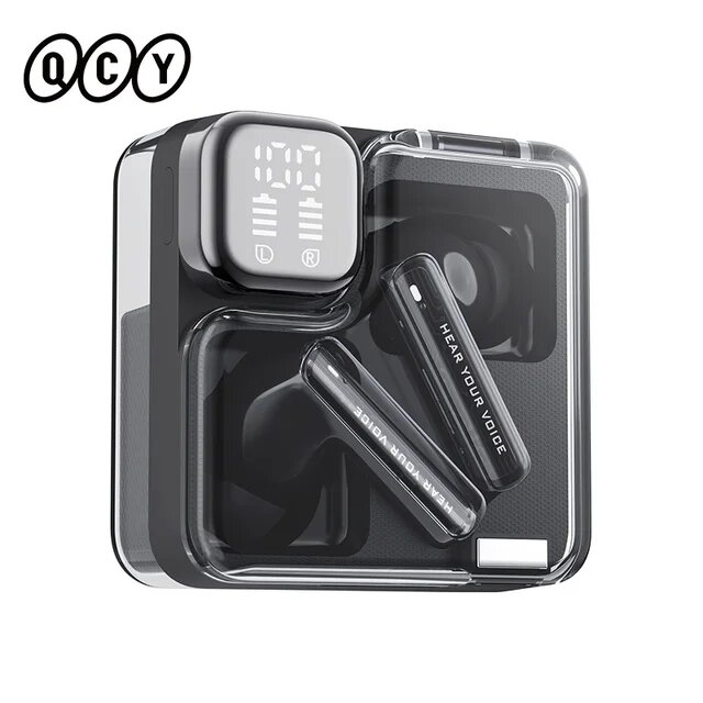 Беспроводные наушники QCY MeloBuds Neo, Bluetooth 5.3, светодиодный индикатор заряда батареи, TWS-наушники, прозрачные, двойное подключение.