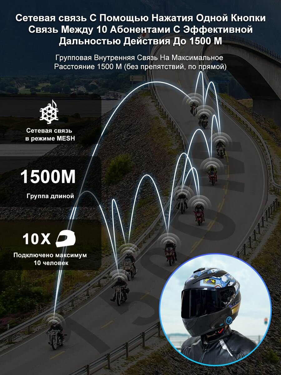 Мотогарнитура /Гарнитура для шлема, TNICER T2Plus. Делитесь музыкой и разговаривайте друг с другом одновременно, на 10 собеседников. черное