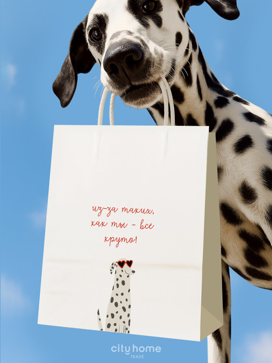 Пакет подарочный белый "Собака", бумажный крафт, 24*28*14 см, 1 шт.