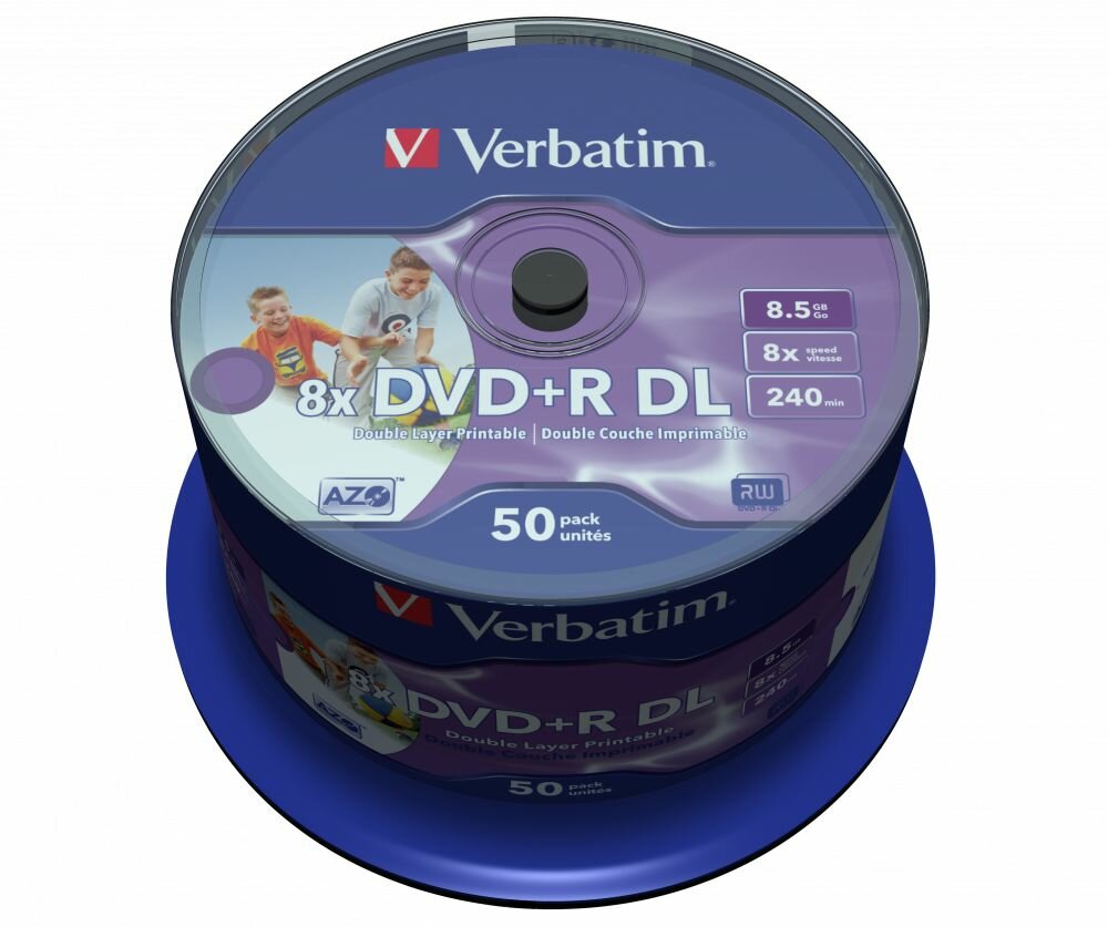 Оптические диски Verbatim DVD+R DL 8.5 ГБ 8X AZO под струйную печать Printable No ID 50 шт. на шпинделе