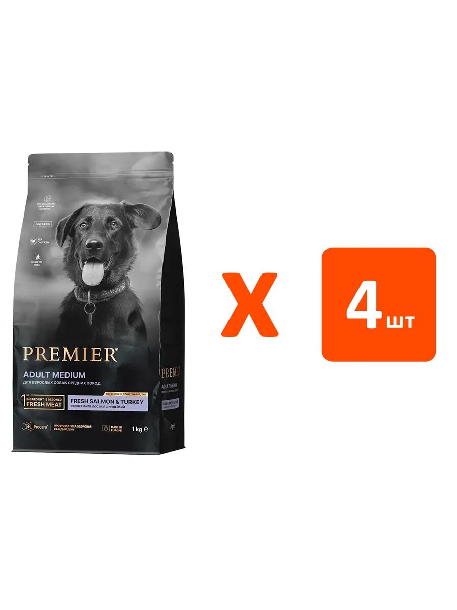 Корм сухой Premier Low Grain Dog Adult Medium Salmon & Turkey низкозерновой для взрослых собак средних пород, лосось, индейка, 1 кг 4 шт
