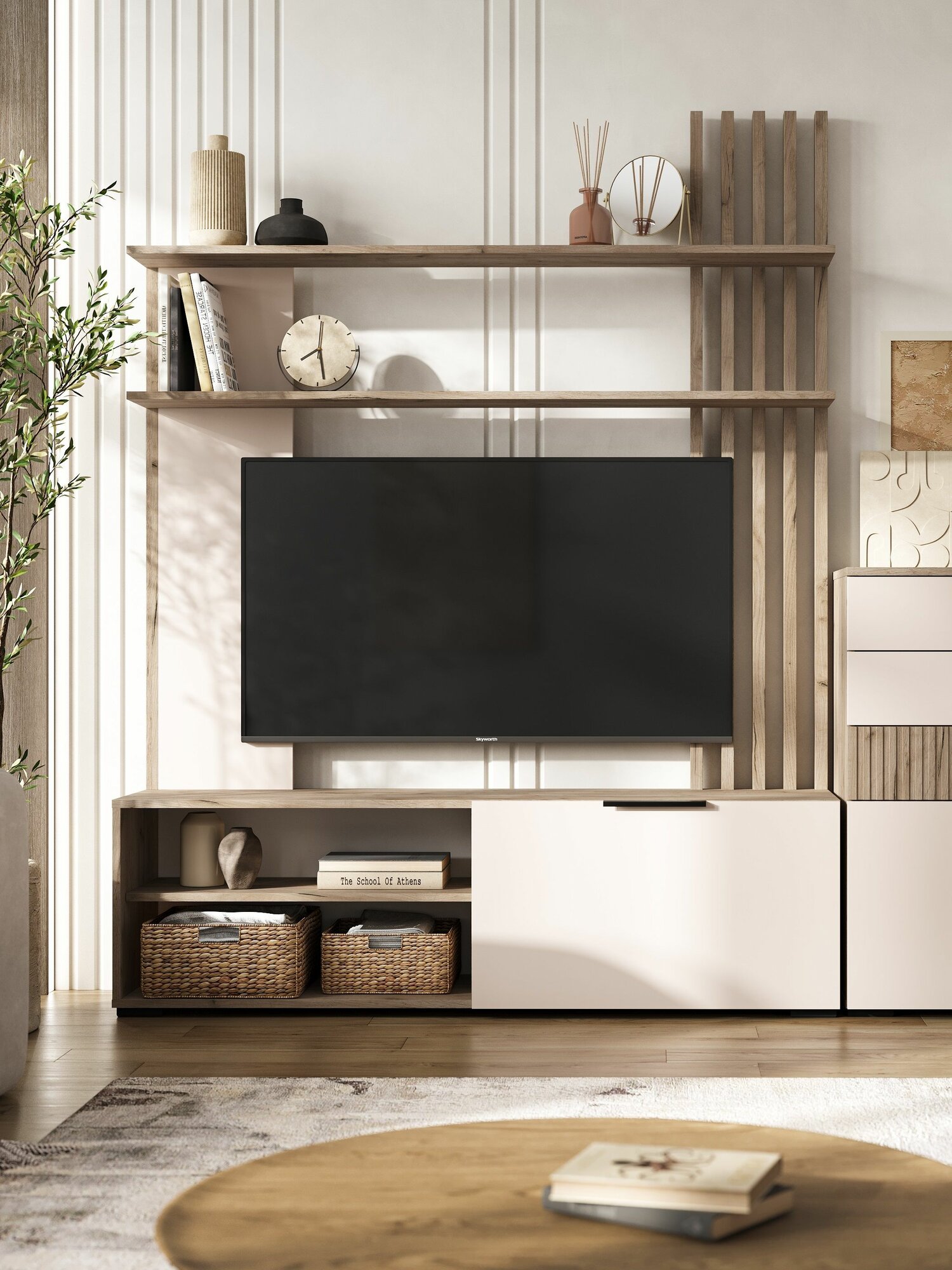 Стенка в гостиную под телевизор Роджина, мебель с полками и секциями для хранения, 140х35х181 см, Дуб крафт серый/Кашемир