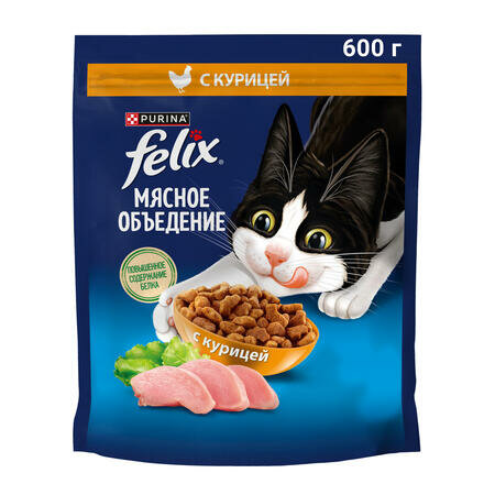 Felix Мясное объедение 2 шт по 600 г, сухой корм для кошек с курицей