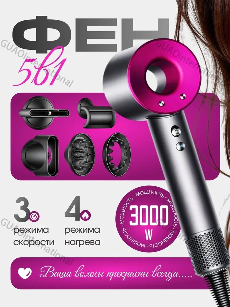Фен для волос mzm-20260307201158904 3000 Вт, скоростей 3, кол-во насадок 5, серый металлик, розовый