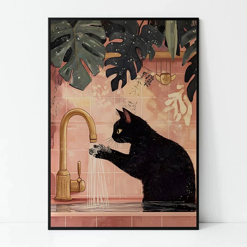 Постер с черным котом у раковины, 50x70см, T0057-1