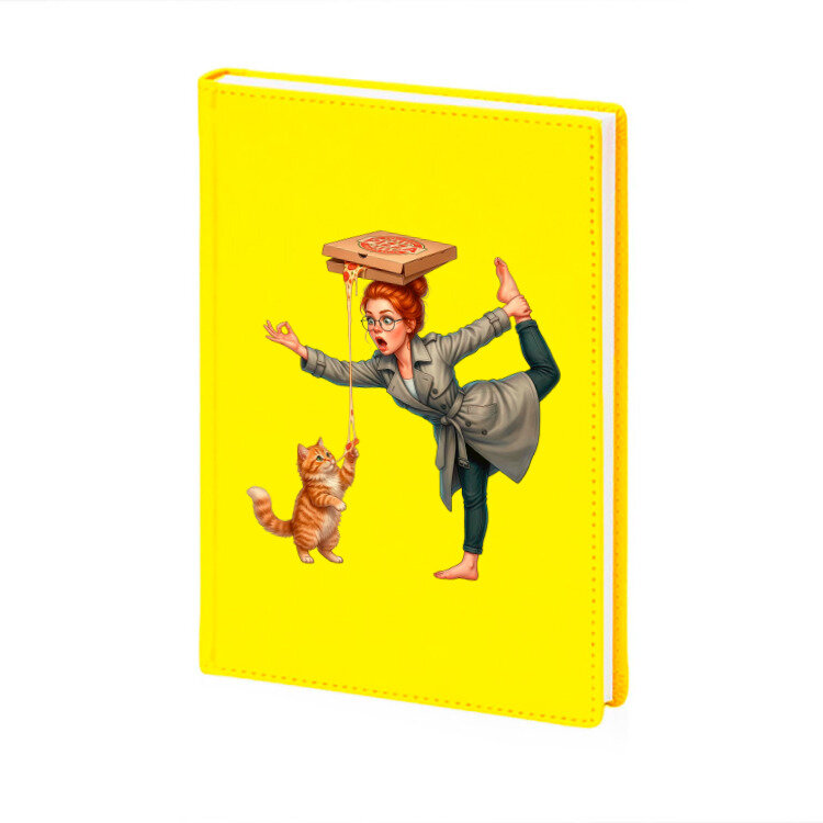 Ежедневник «Смешная девушка йога с пиццей и рыжим котом» (желтый)