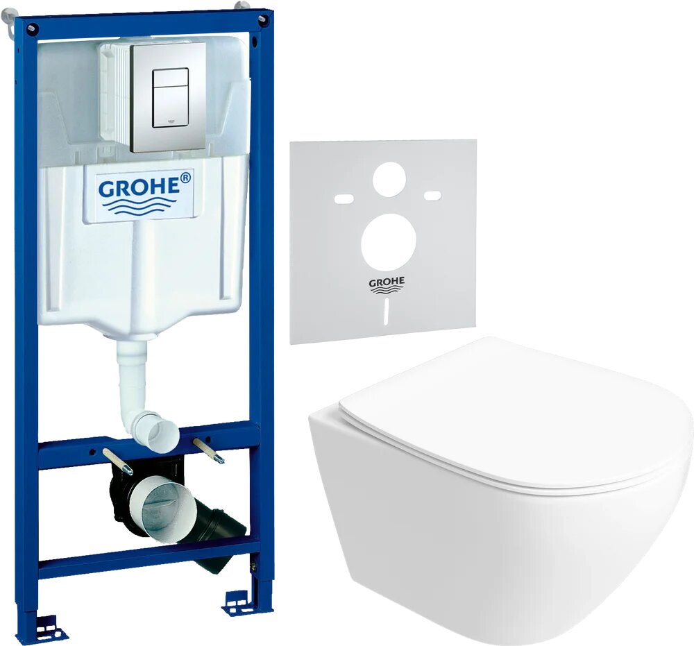 Комплект 5 в 1 Унитаз подвесной STWORKI Кронборг S28401WH, безободковый, с микролифтом, белый / Инсталляция с кнопкой Grohe Rapid SL 38772001 цвет хром / Звукоизоляция 37131000, Крышка-сиденье