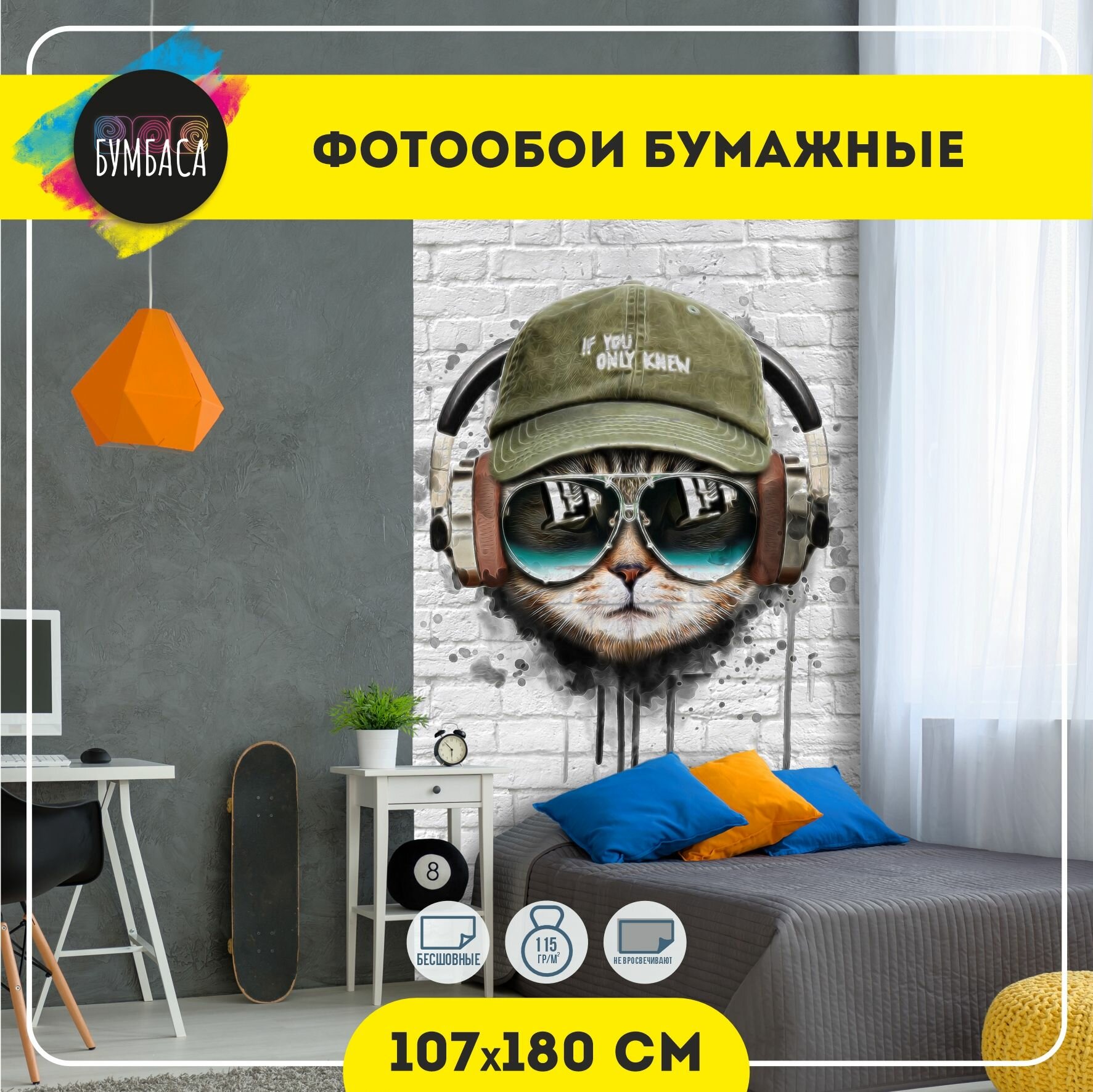 Фотообои бумажные Кот граффити 107х180 см