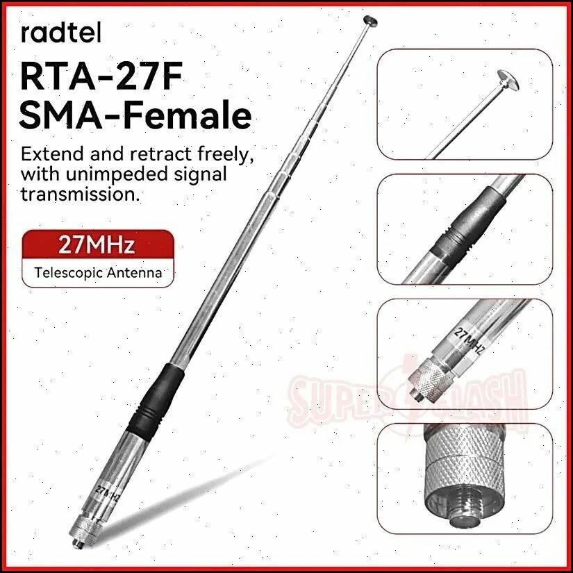 Антенна CB Radtel RTA-27 на частоте 27 МГц с высокой усилением, телескопической конструкцией, разъемами SMA (женский) и BNC предназначена для радиостанций Radtel