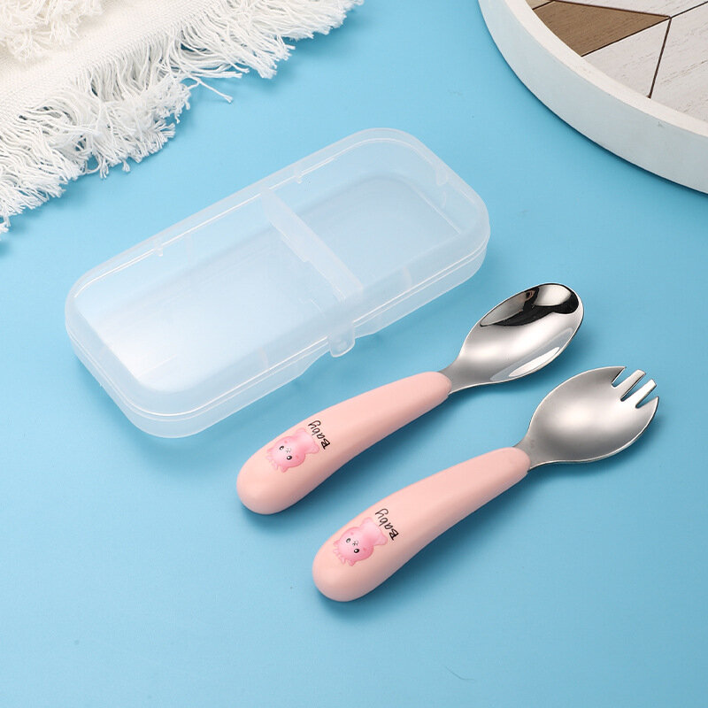 Набор из ножниц и вилки из нержавеющей стали 304 для обучения малышей с кейсом, розовый дизайн