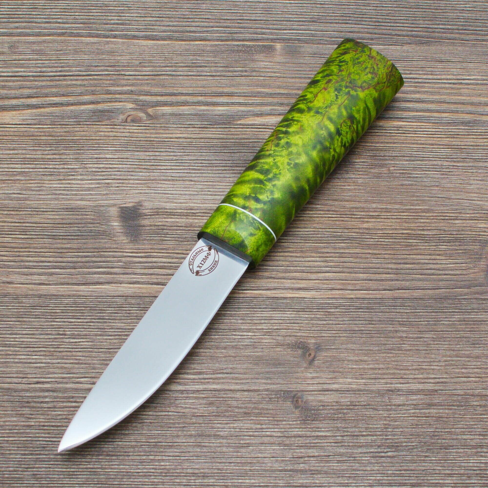 Нож туристический Якут малый (шейный) Х12МФ (кованая сталь), Стабилизированная карельская береза зеленая, Стальные Бивни (Steel Tusks)