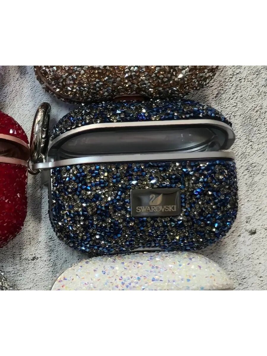 Чехол со стразами Swarovski на AirPods Pro 2, противоударный, цвет синий