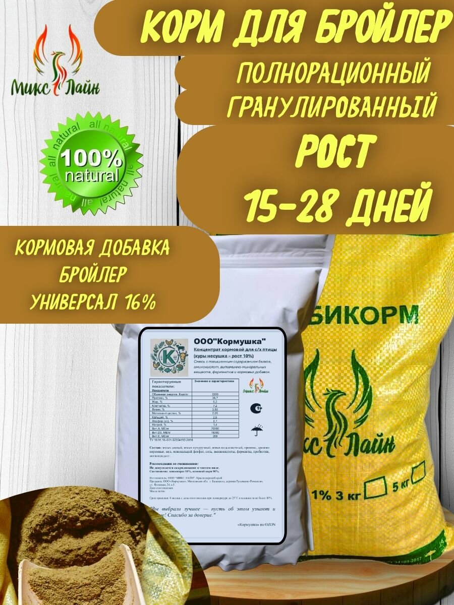 Корм для бройлера полнорационный гранулированный (бройлер 15-28дней) 5кг+Концентрат универсал 16% 1кг.