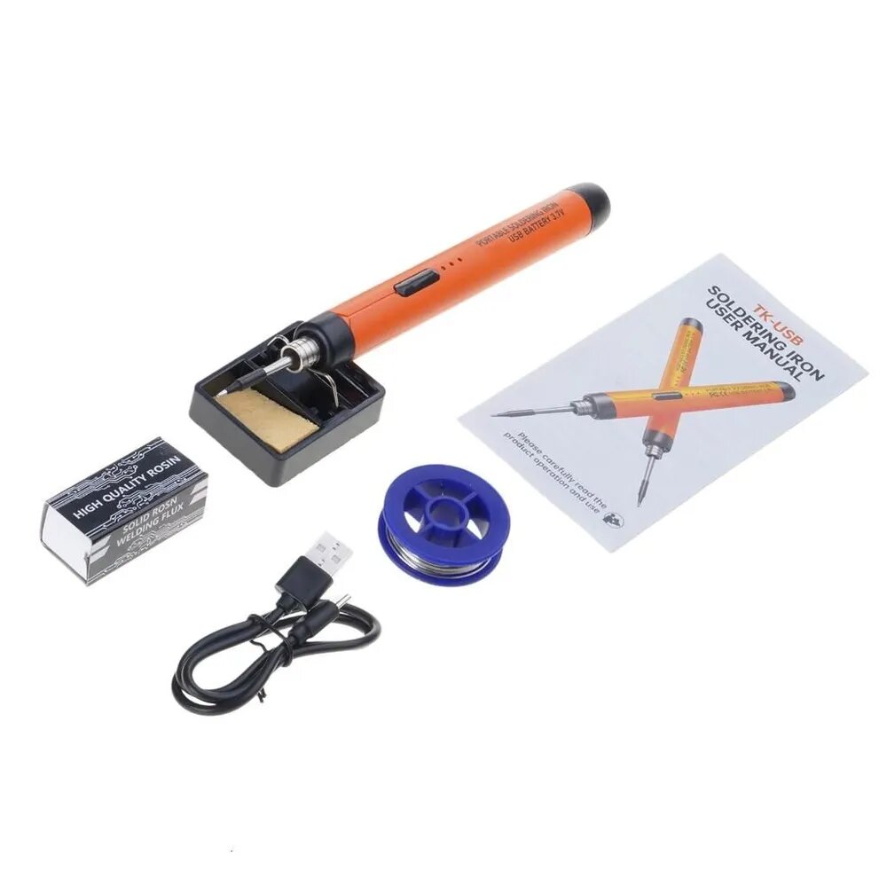 Портативный паяльник TK-USB, USB аккумулятор 3.7V, комплект с припоем, канифолью и подставкой