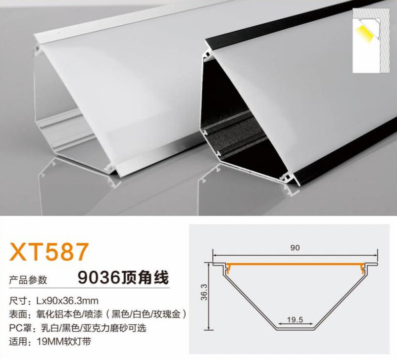 1 метр треугольного алюминиевого профиля с белым рассеивателем, без источника света для угла