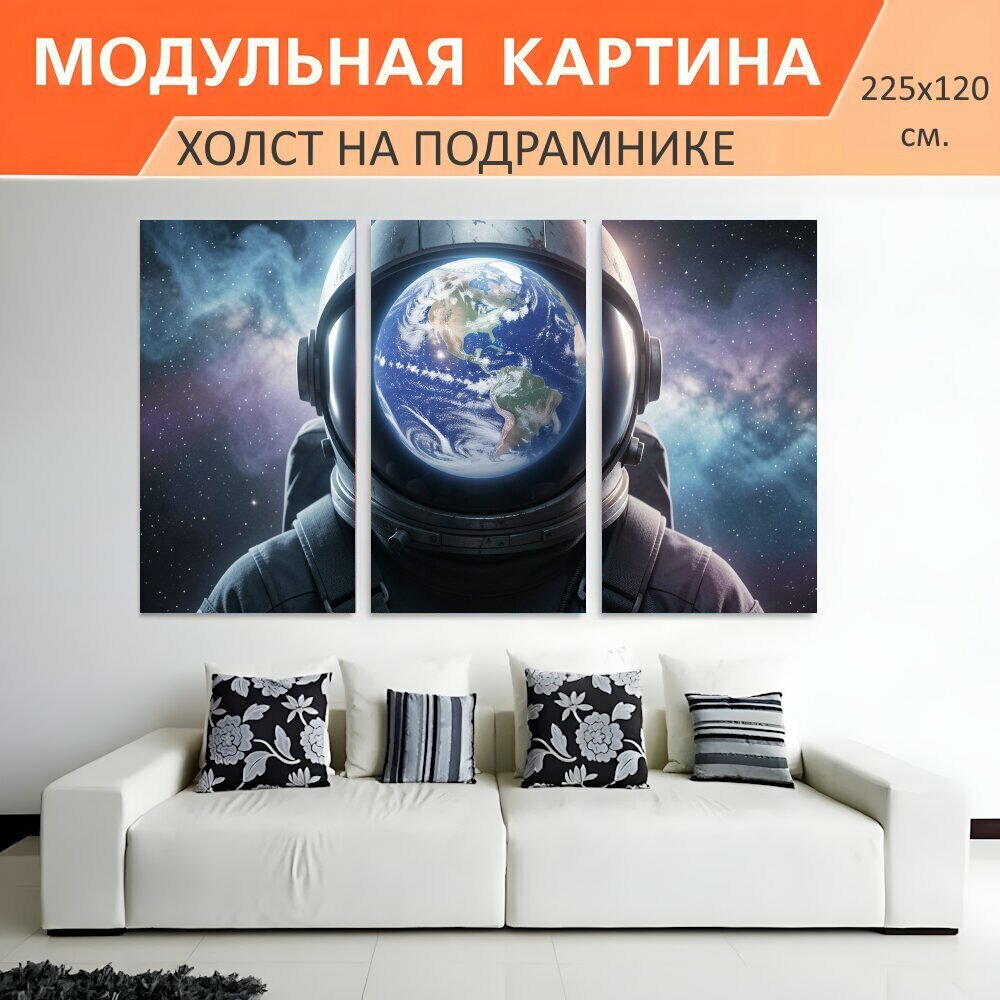 Модульная картина на холсте "Космонавт с планетой вместо лица. Футуристический космический образ: астронавт в скафандре, в шлеме." триптих на подрамнике 225х120 см. для интерьера