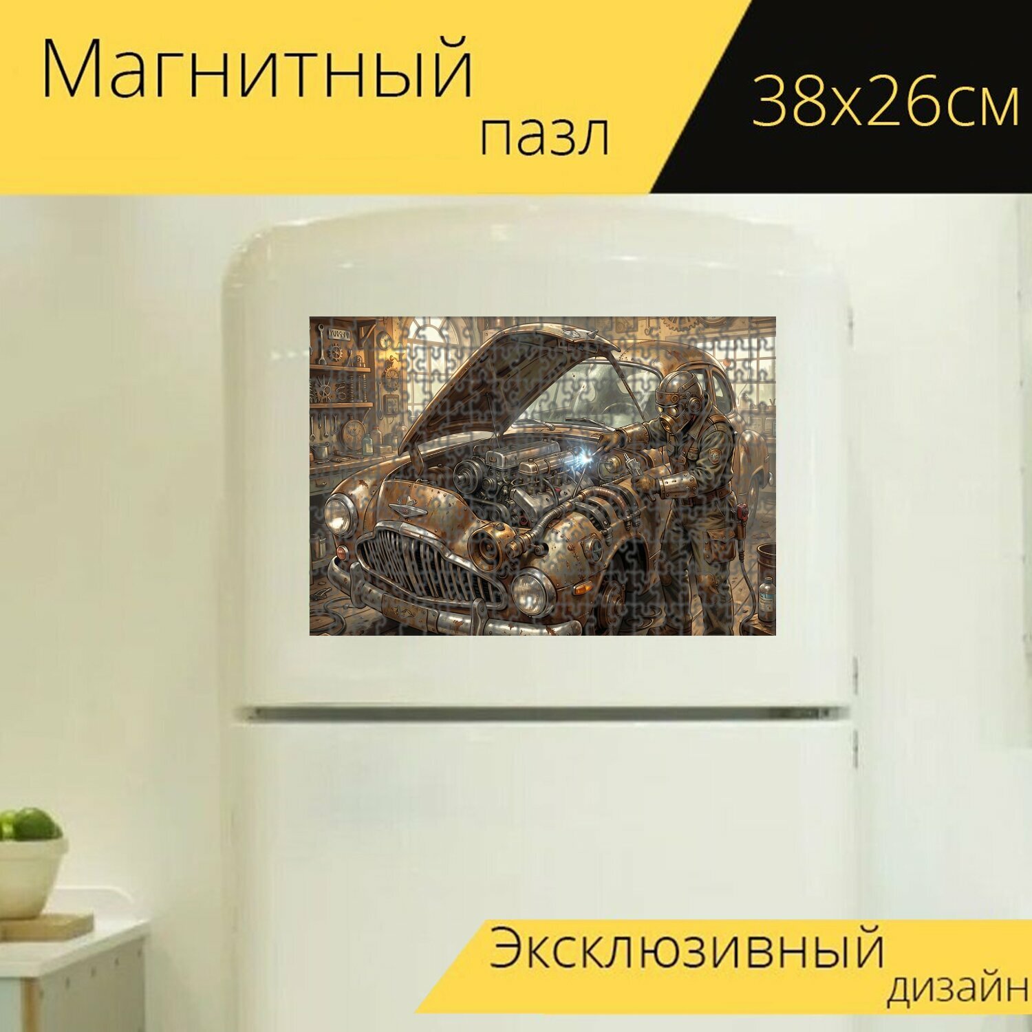 Магнитный пазл "Мастер ремонтирует двигатель авто в стимпанк стиле" для интерьера, 38х26 см.