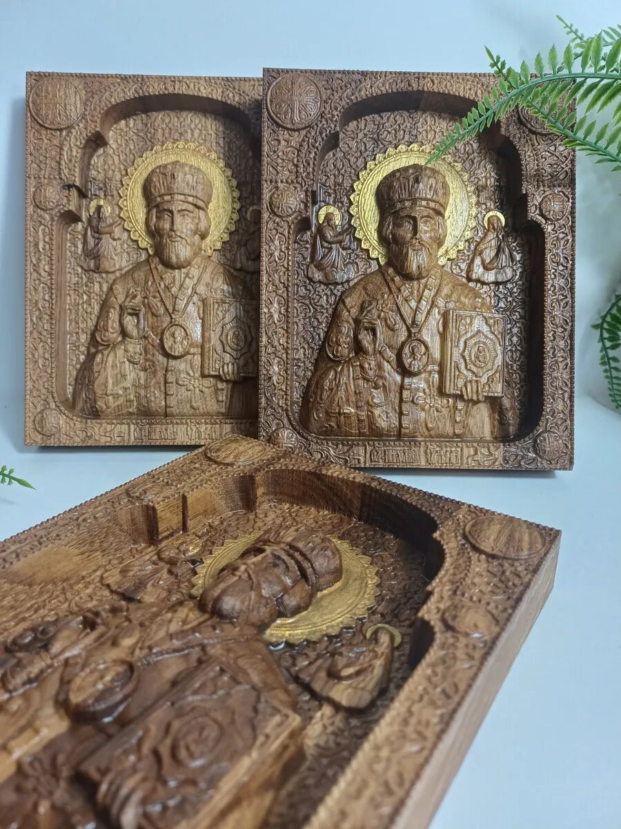 Освященная Икона Николая чудотворца резн. оклад, дуб 17,5*14