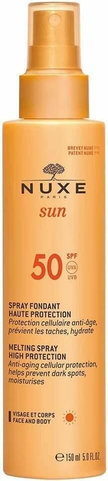 Nuxe Sun Spray Fondant Солнцезащитное молочко для лица и тела SPF50 150 мл Высокая защита UVA/UVB, увлажняющий тающий спрей для безопасного пребывания на солнце