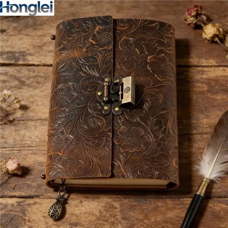 Личный дневник из натуральной кожи с замком, 100 листов, коричневый цвет с цветочным тиснением, Honglei