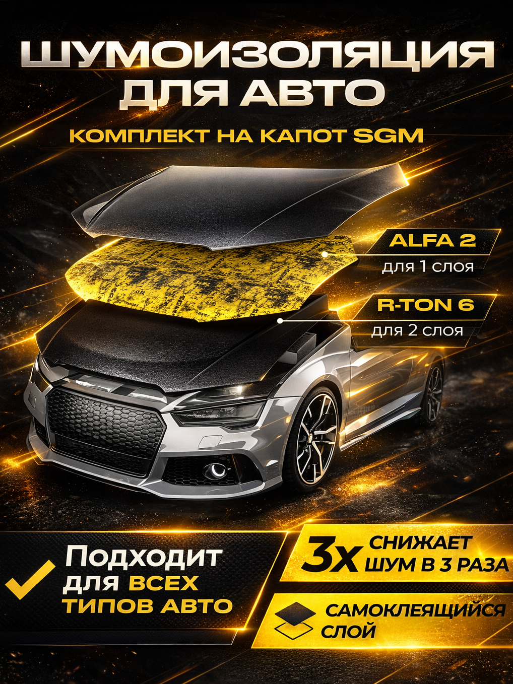 Комплект шумоизоляция для капота автомобиля от SGM. Виброизоляция, универсальная звукоизоляция. Шумка для авто