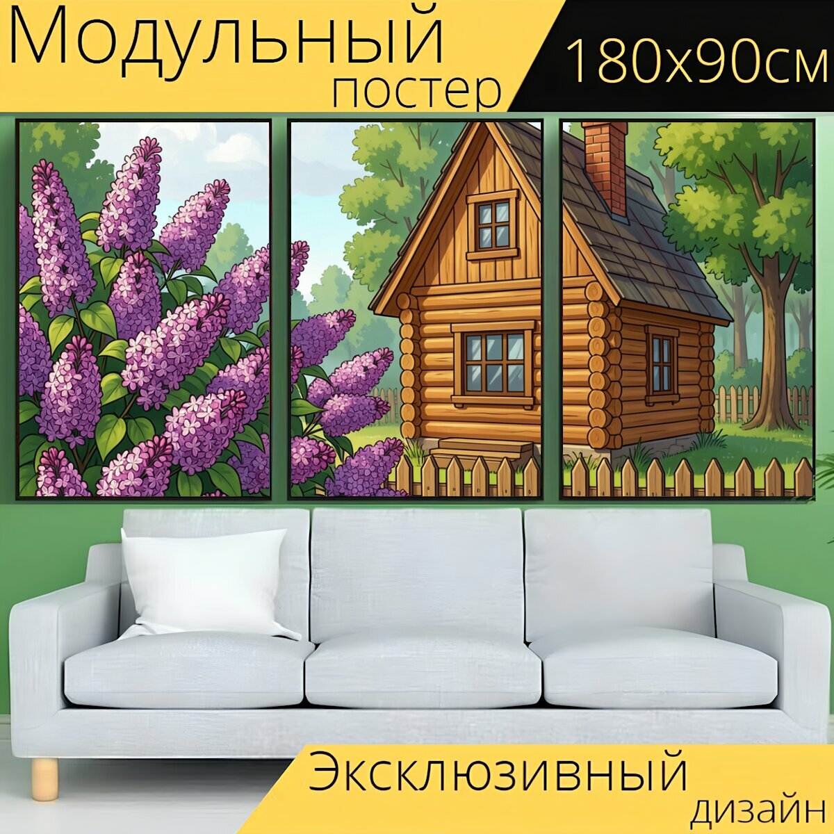 Модульный постер "Деревенский дом среди сирени. Уютный деревянный коттедж с забором, цветущие лиловые кусты, зелёные деревья и куры на." 180 x 90 см. для интерьера на стену в тубусе