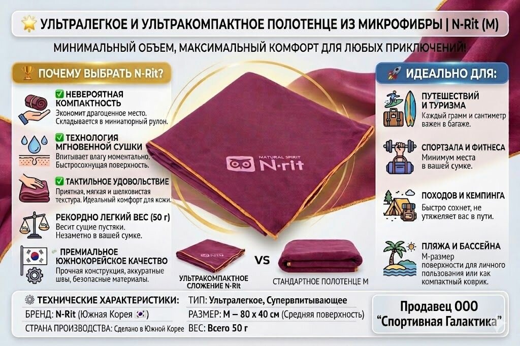 Полотенце спортивное N-rit Super Light TOWEL р. M бордовый
