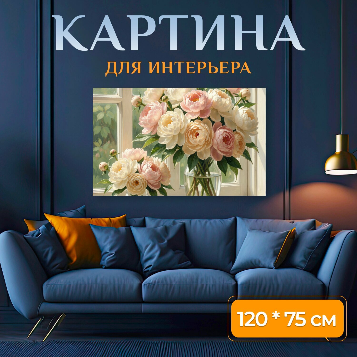 Картина на холсте "Пионы в солнечном окне. Нежная цветочная композиция у светлого окна: пышные садовые бутоны в стеклянных сосудах, пастельные." на подрамнике 120х75 см. для интерьера