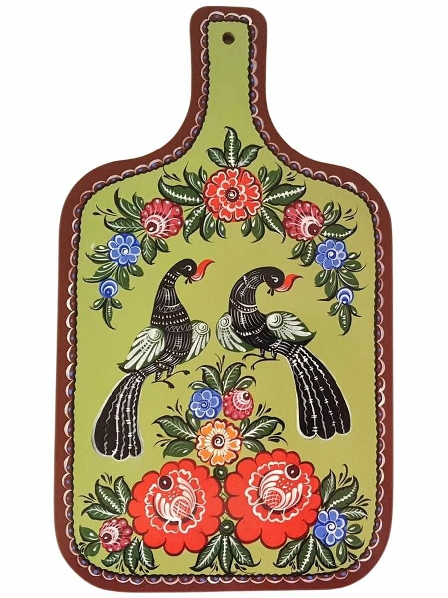 Панно декоративное, Доска разделочная тип 7 (Птички), Городецкая роспись, ручная авторская работа