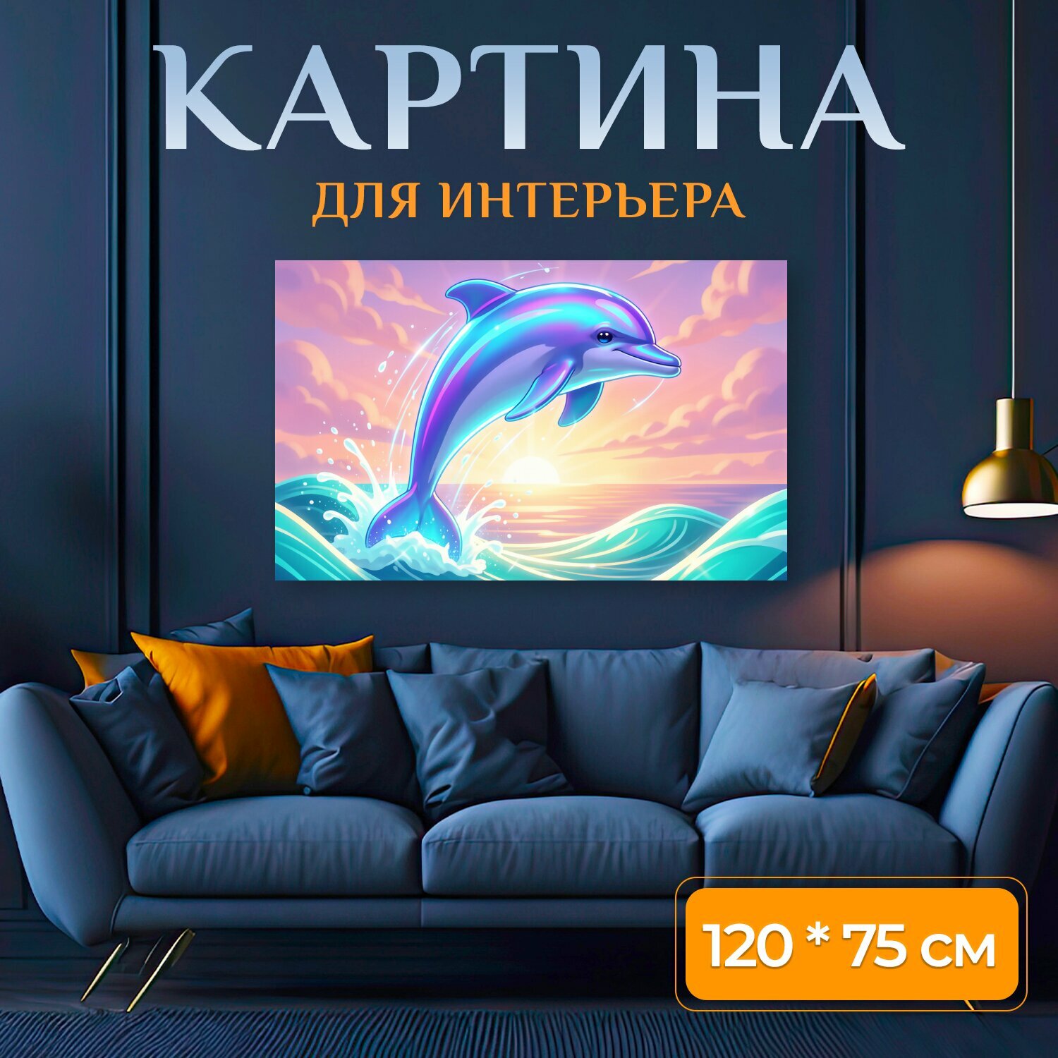 Картина на холсте "Дельфин на закате в море. Яркая цифровая иллюстрация с прыгающим морским дельфином, неоновыми переливами и брызгами воды." на подрамнике 120х75 см. для интерьера